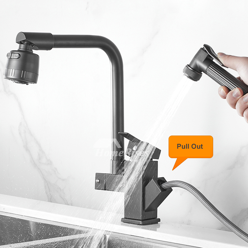 Gunmetal Grey Kitchen Faucet With Sprayer Pull Out Rotatable Brass ...